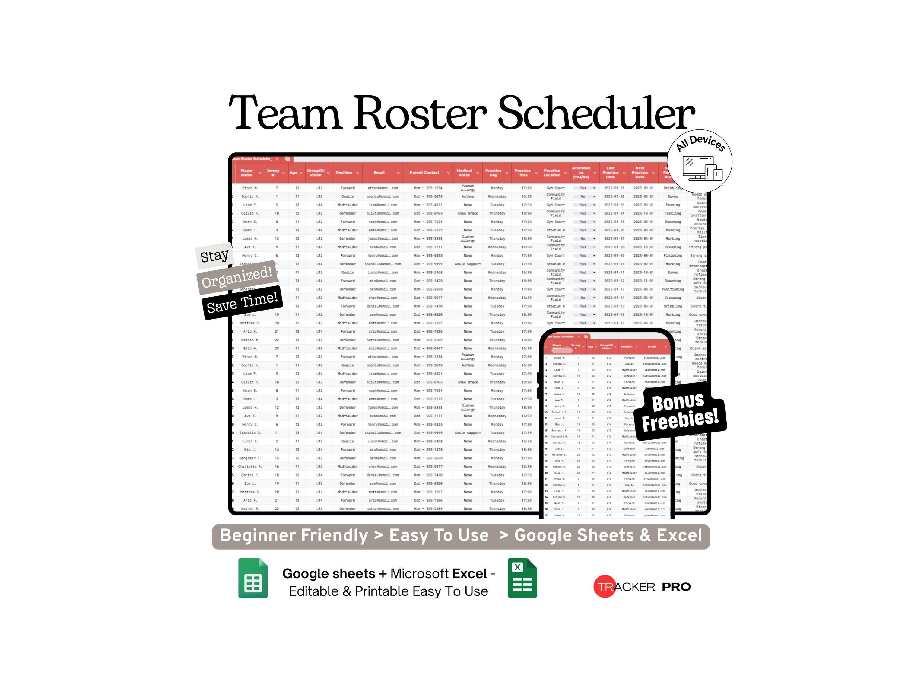 Sports Team Roster, Practice Scheduler Google Sheets, Manage Team ...