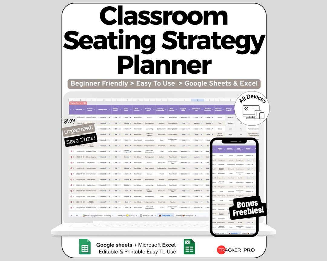 Seating Chart Spreadsheet for Google Sheets and Excel Classroom Layout ...