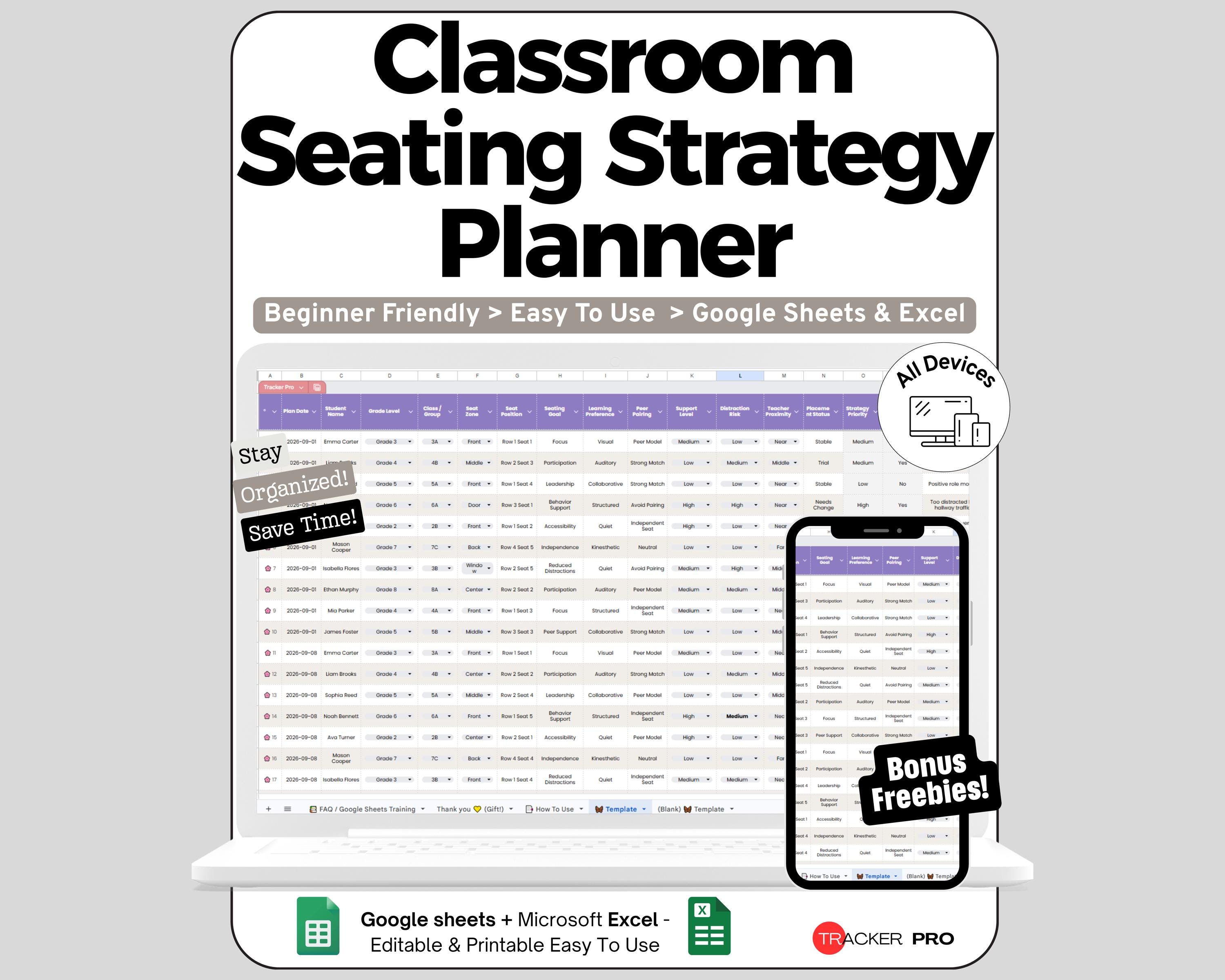 Seating Chart Spreadsheet for Google Sheets and Excel Classroom Layout ...