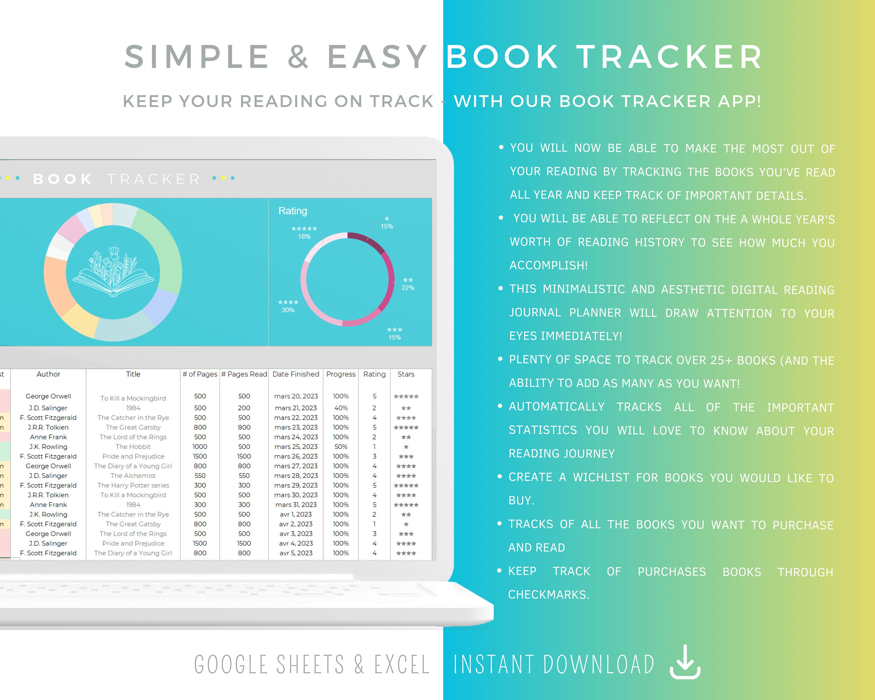 Book Journal Tracker, Book Tracker Excel, Reading Planner, Book Tracker ...