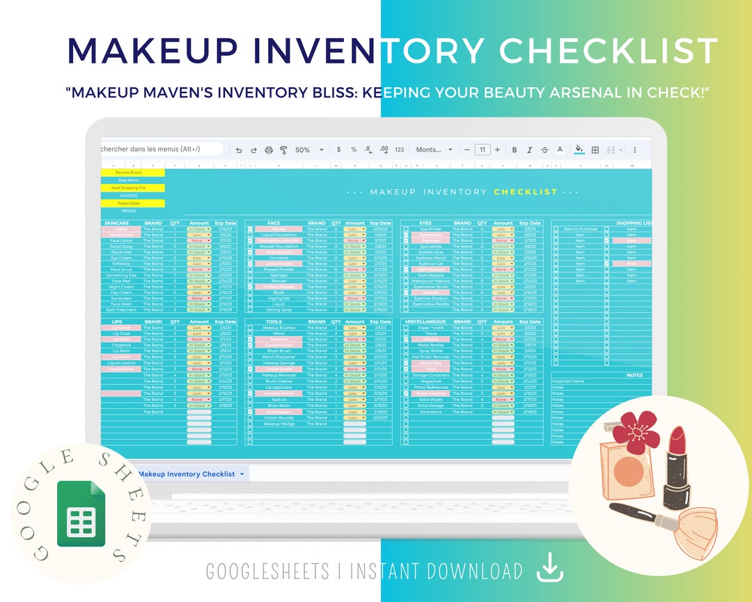 Inventory Sheet Organization Sheet Excel Spreadsheet, Makeup Inventory ...