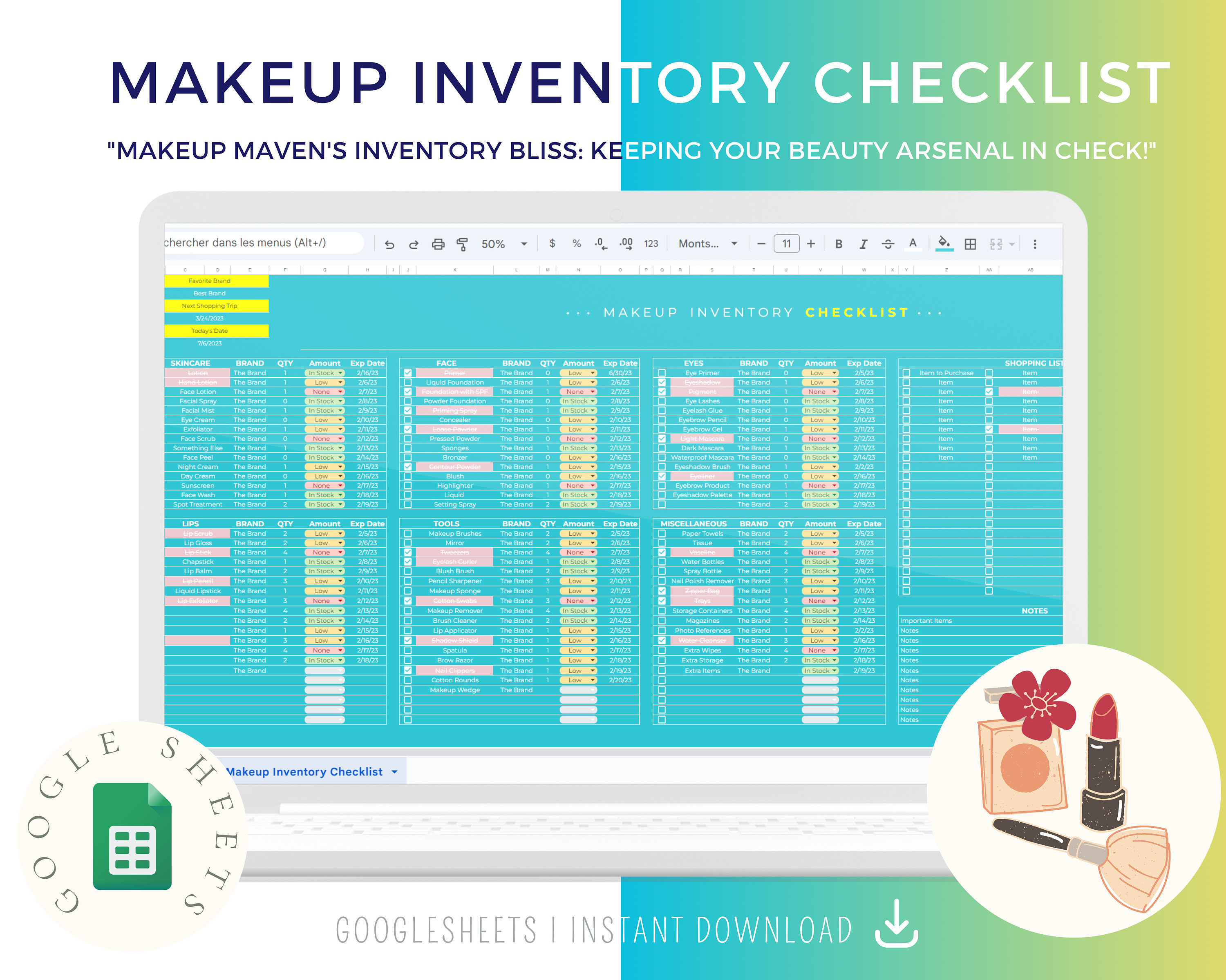 Inventory Sheet Organization Sheet Excel Spreadsheet, Makeup Inventory ...