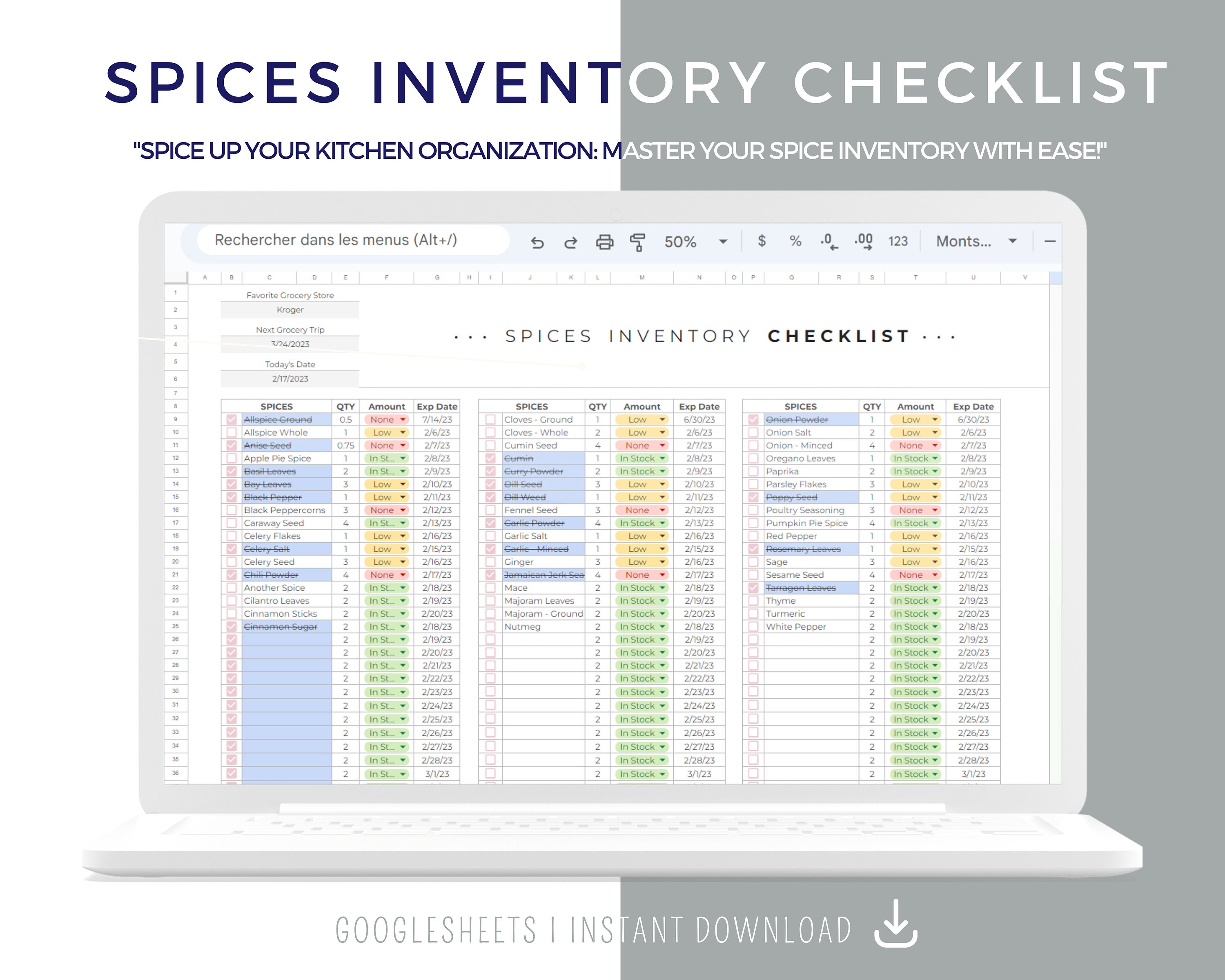 Spices Inventory List, Pantry Inventory Spreadsheet, Spice Inventory ...