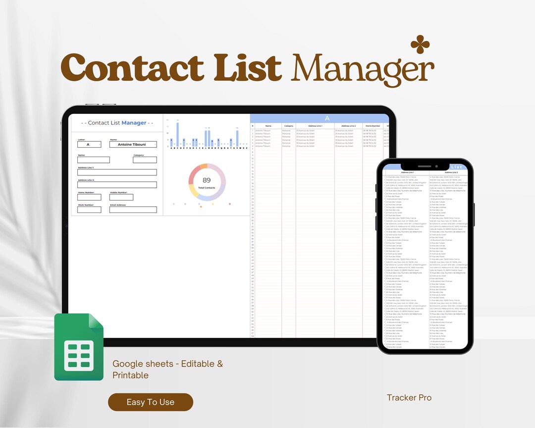 Contact List Template, Excel Spreadsheet, Google Sheets, Contact ...