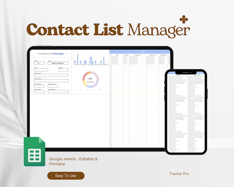 Contact List Template, Excel Spreadsheet, Google Sheets, Contact ...