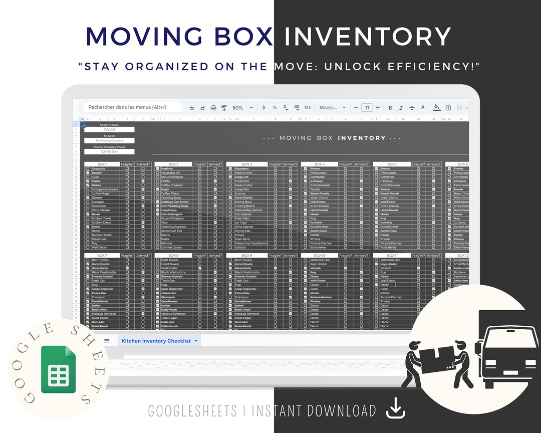 Moving Box Template Google Sheets, Moving Box Contents List, Storage ...