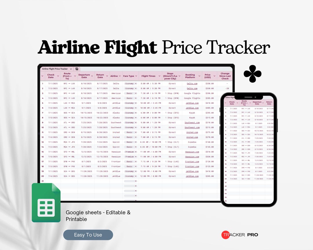 Airline Flight Price Tracker Google Sheets, Fare Comparison Sheet, Travel Deal Tracker, Flight ...