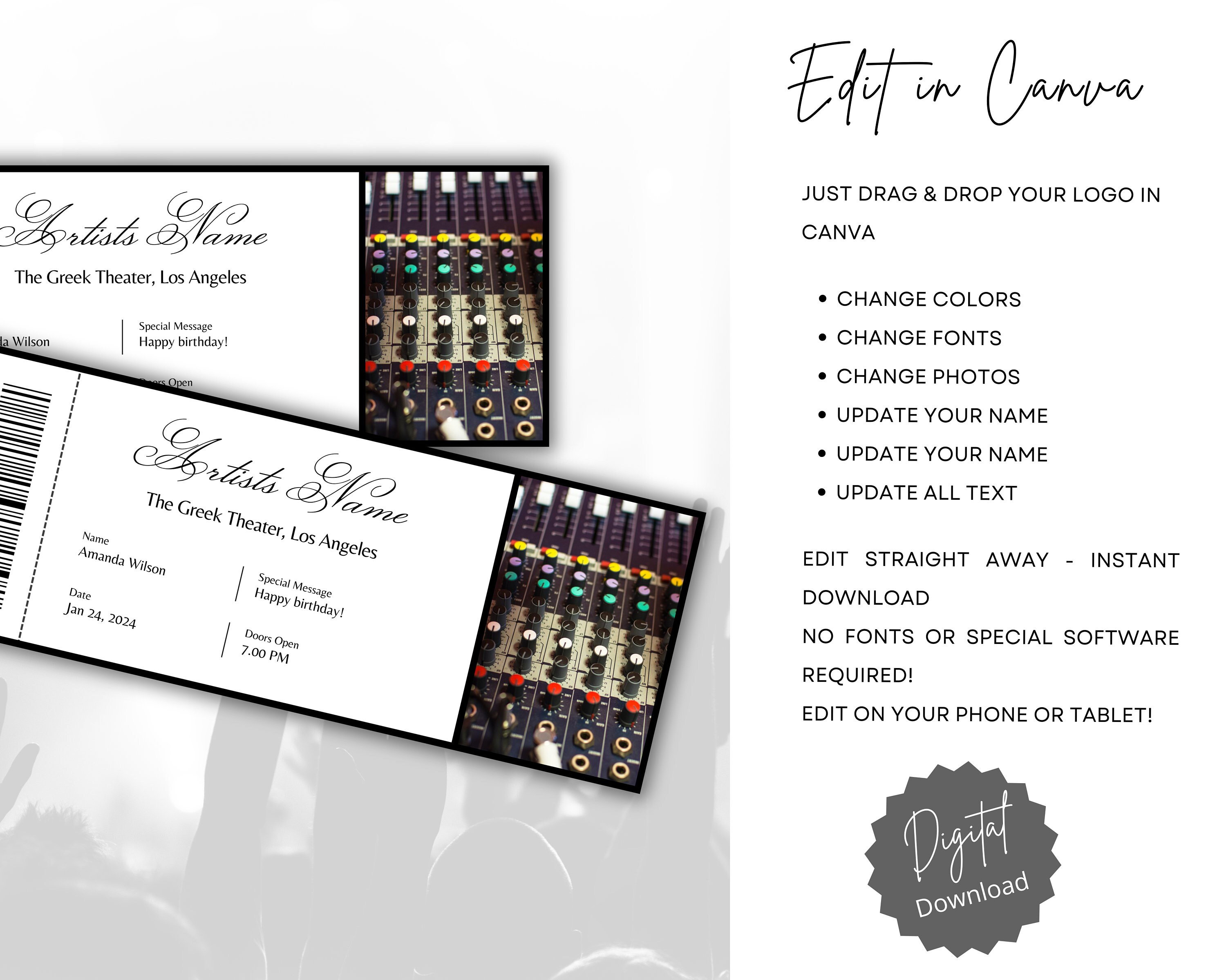 Editable Concert Ticket Template, DIY Event Ticket, Custom Concert ...