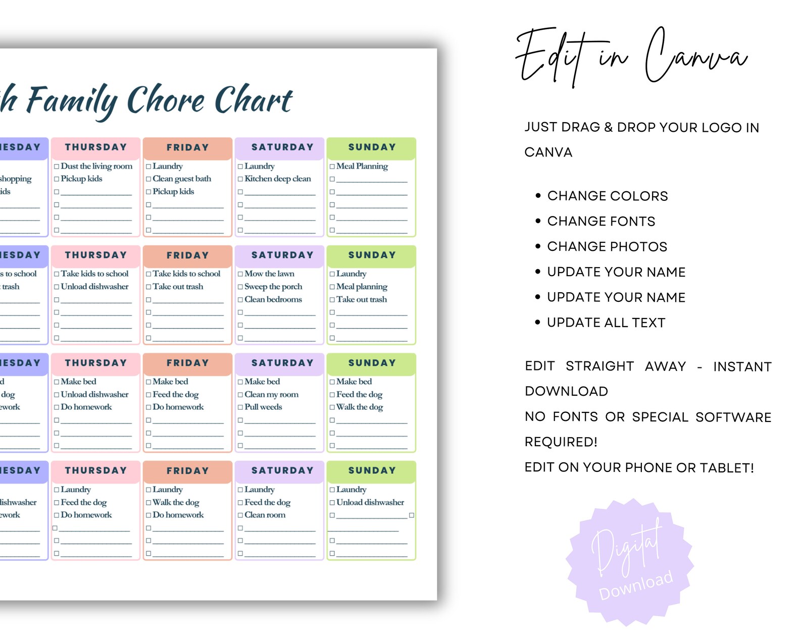 Editable Family Chore Chart, Printable Weekly Chore List, Adults Chore ...