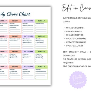 Editable Family Chore Chart, Printable Weekly Chore List, Adults Chore ...