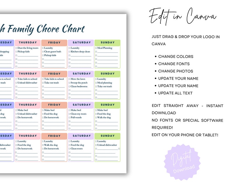 Editable Family Chore Chart, Printable Weekly Chore List, Adults Chore ...
