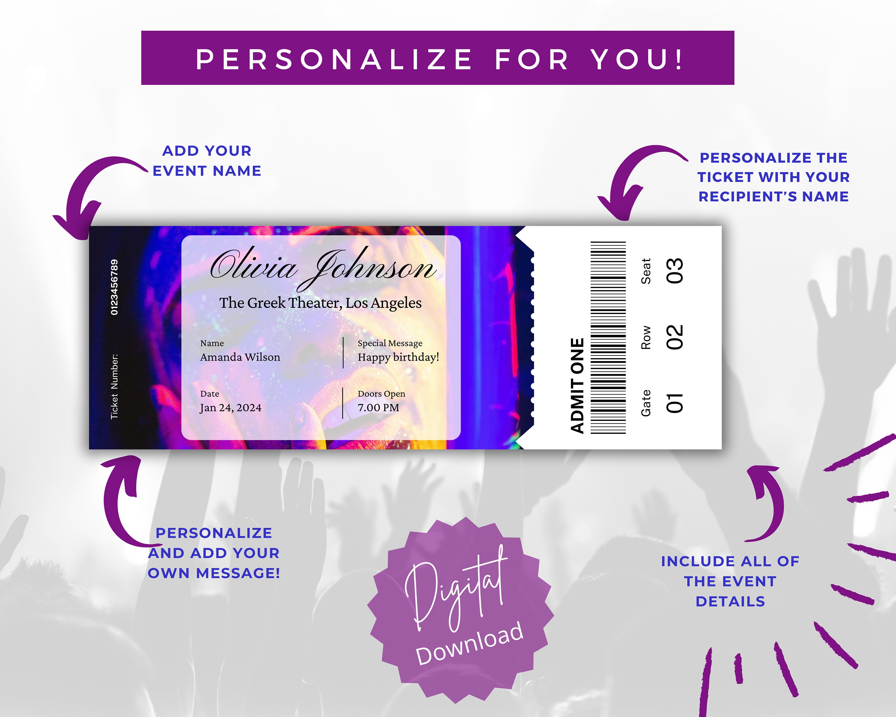 Concert Ticket Template, Editable Event Ticket Canva Template, Custom ...