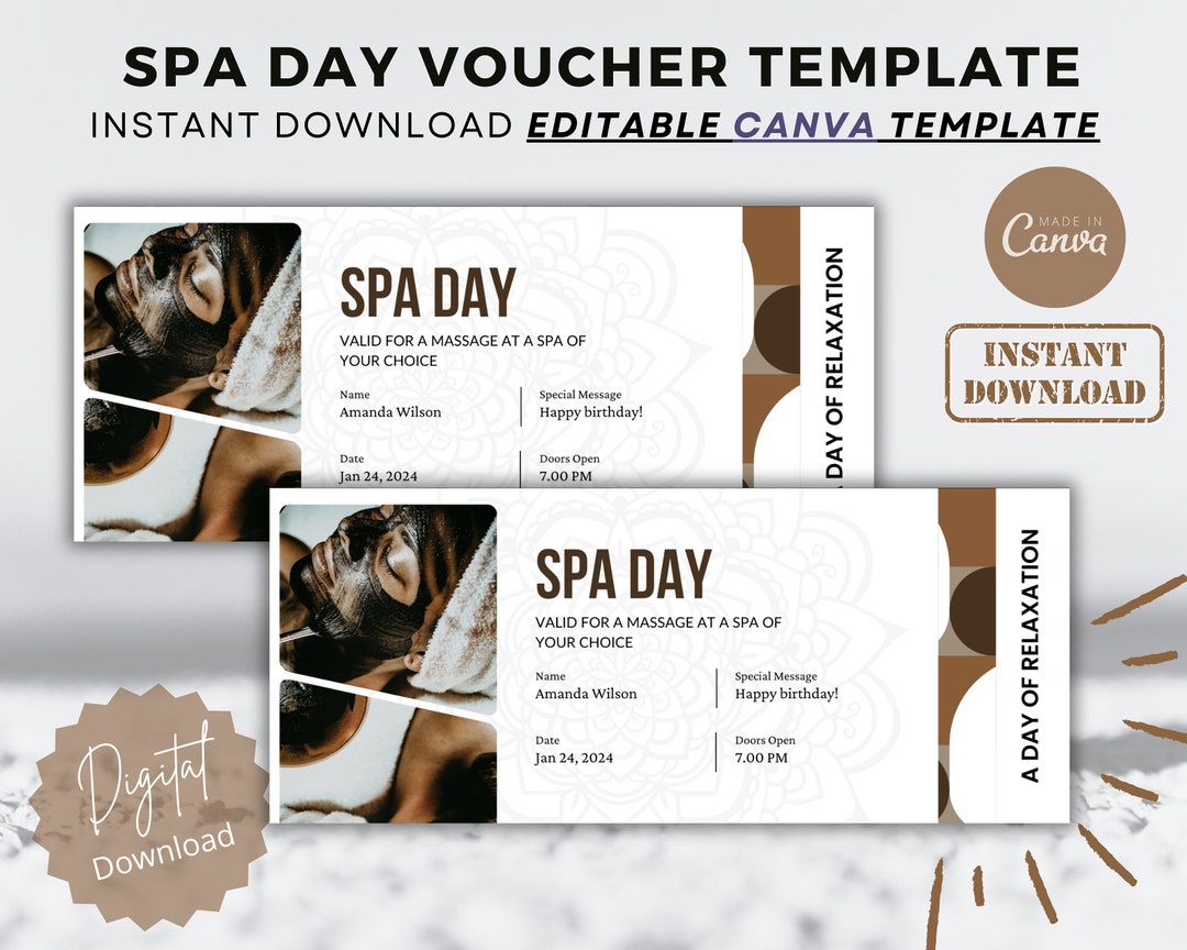 Editable Spa Day Voucher Personalized Massage Coupon Printable Gift ...