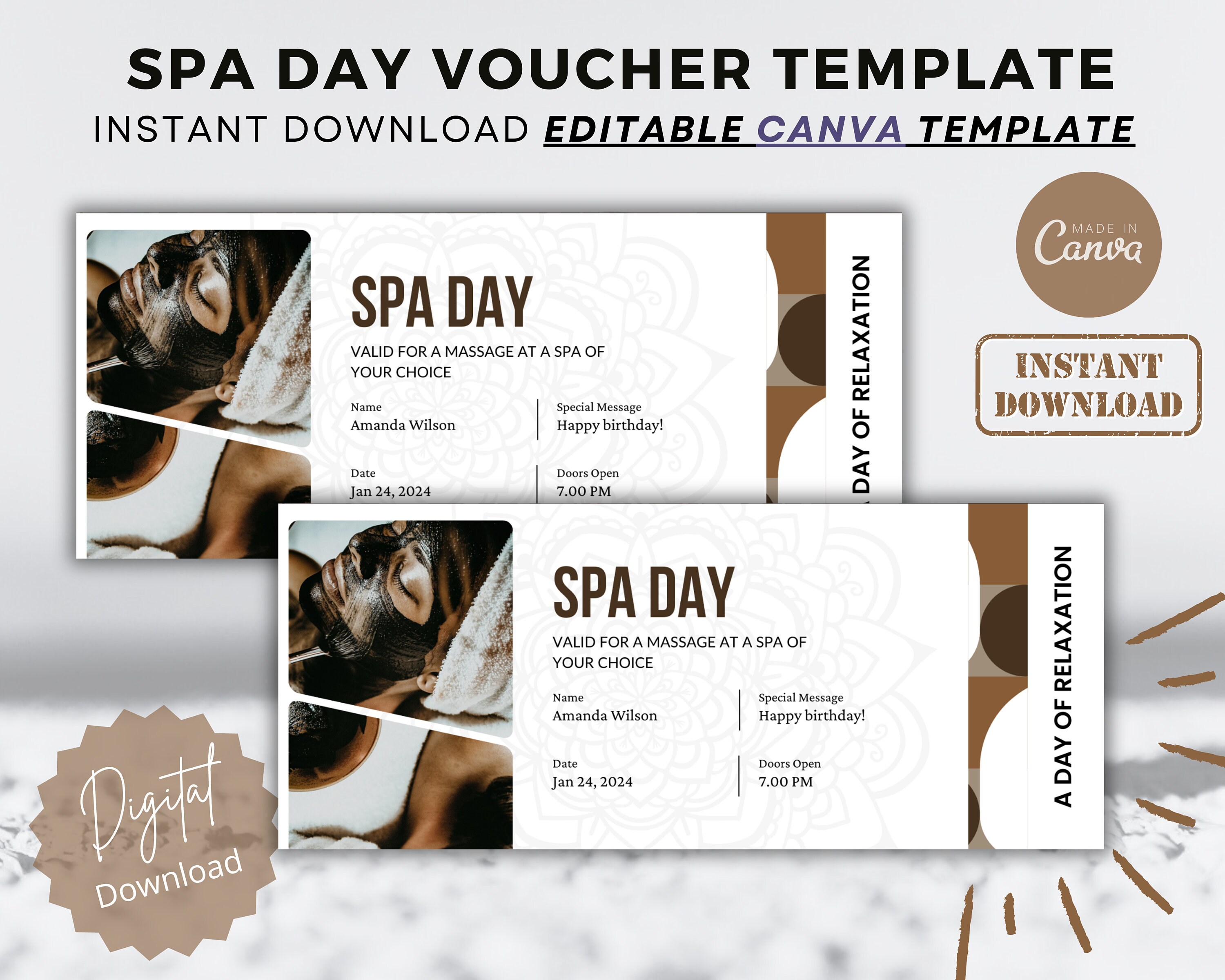 Editable Spa Day Voucher Personalized Massage Coupon Printable Gift ...