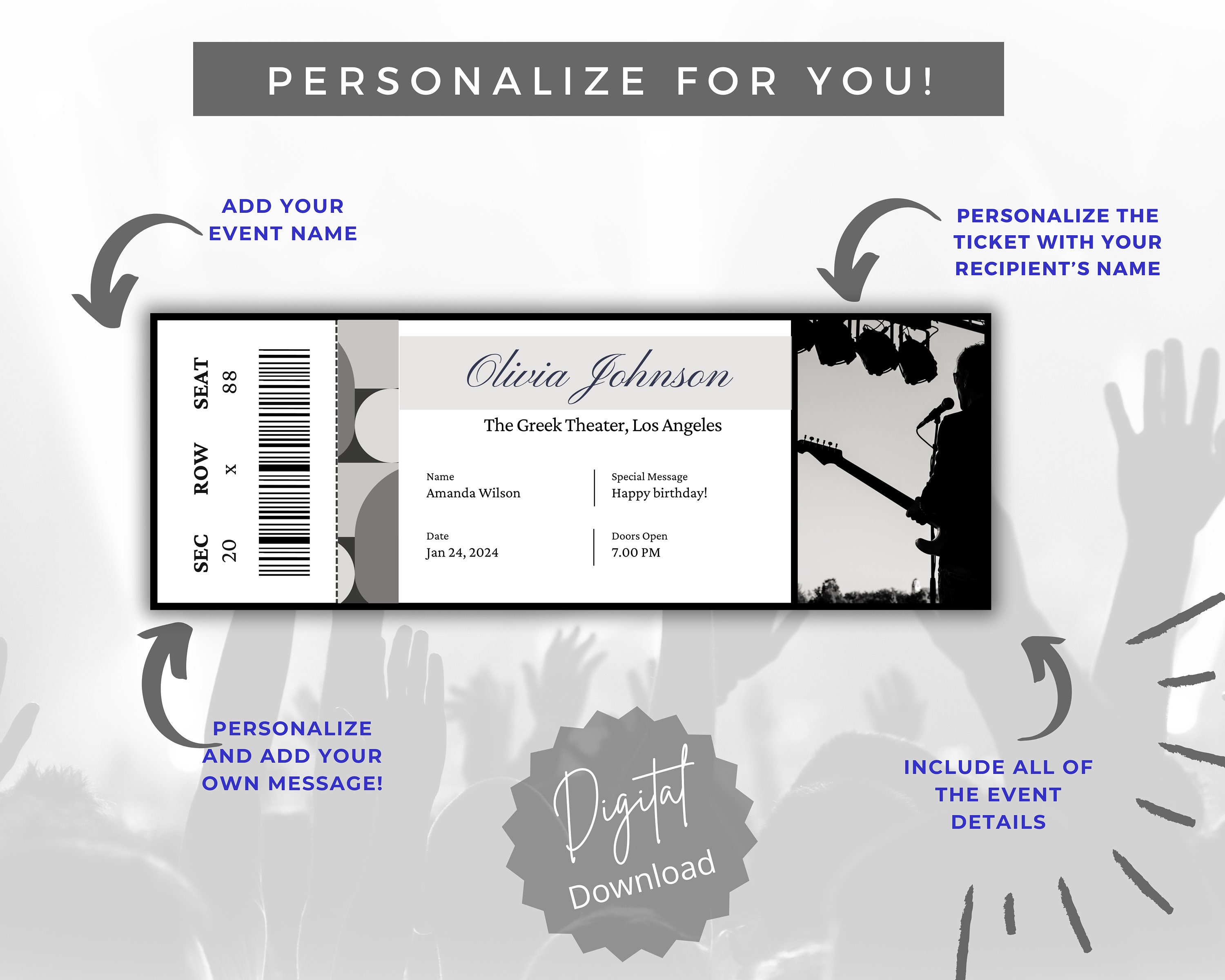 Concert Ticket Template, Editable Event Ticket Canva Template, Custom ...