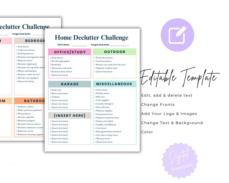 Declutter Checklist Template Editable Cleaning Schedule Declutter ...