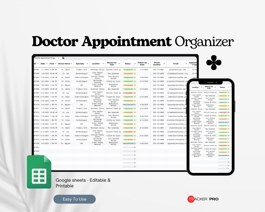 Doctor Appointment Organizer Google Sheets, Medical Visit Log, Health ...