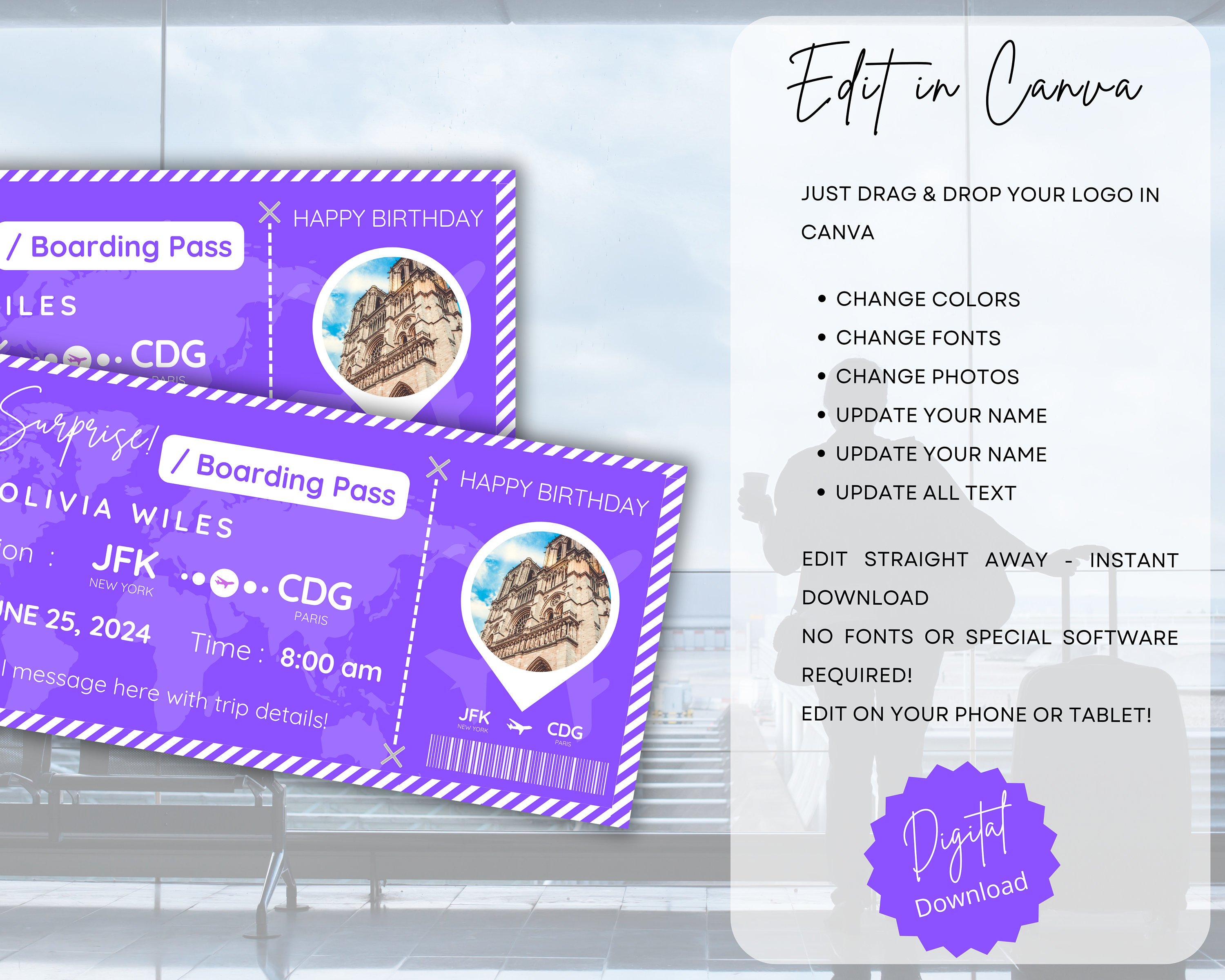 Editable Boarding Pass Template Bundle, Printable Airline Ticket, Plane ...