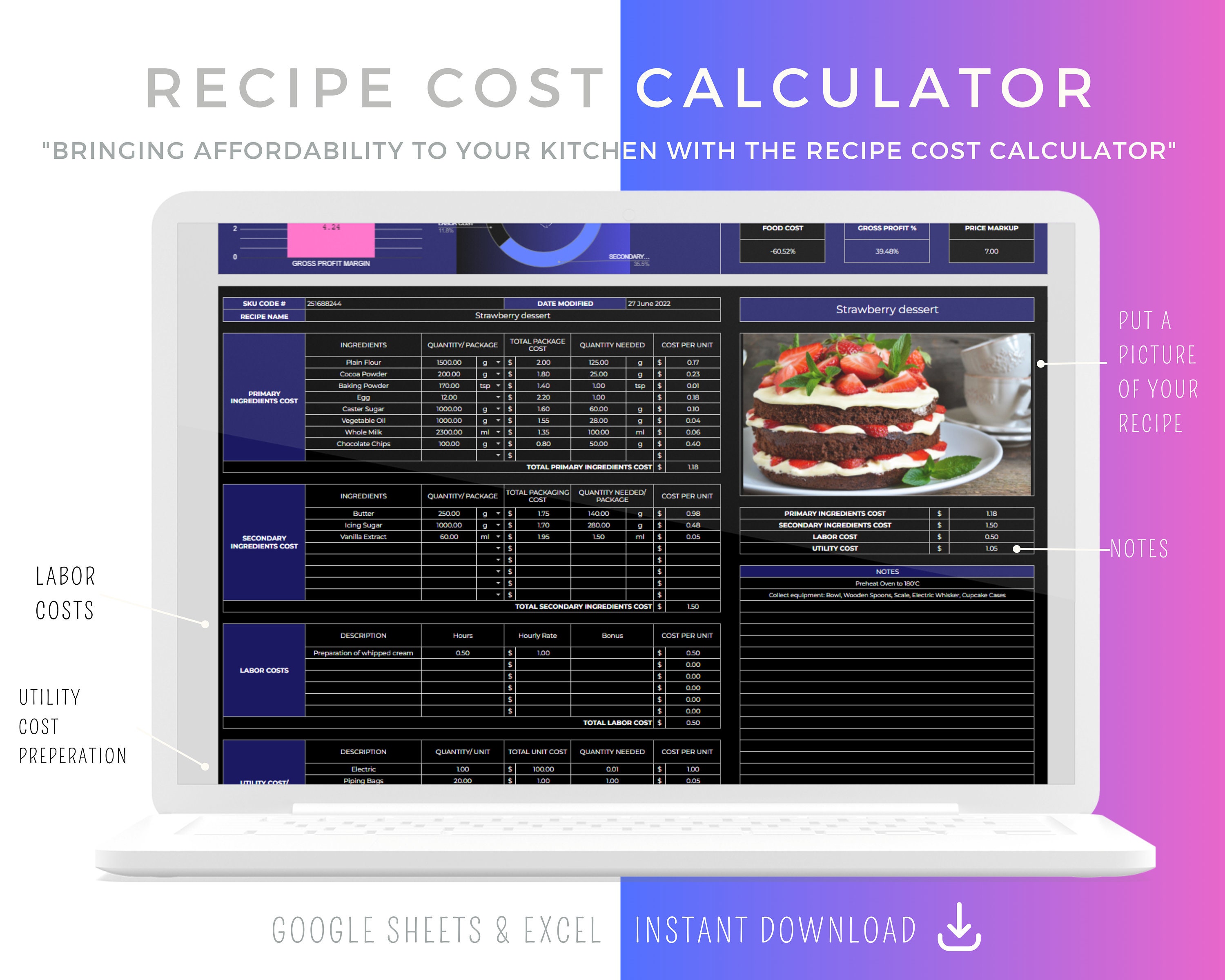 Recipe Cost Calculator Spreadsheet Template for Excel & - Etsy
