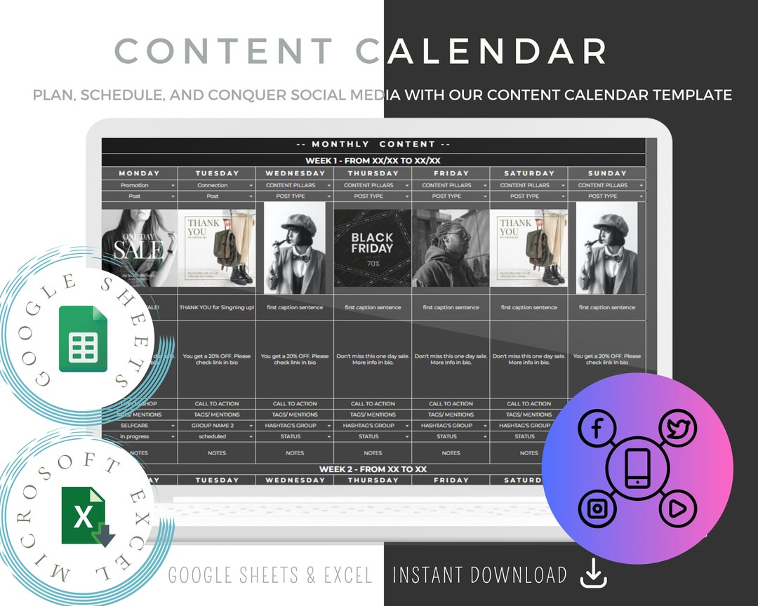 Social Media Content Calendar, Social Media Content Planner Template ...