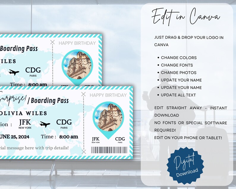 Editable Boarding Pass Template, Canva Boarding Pass, Customizable ...