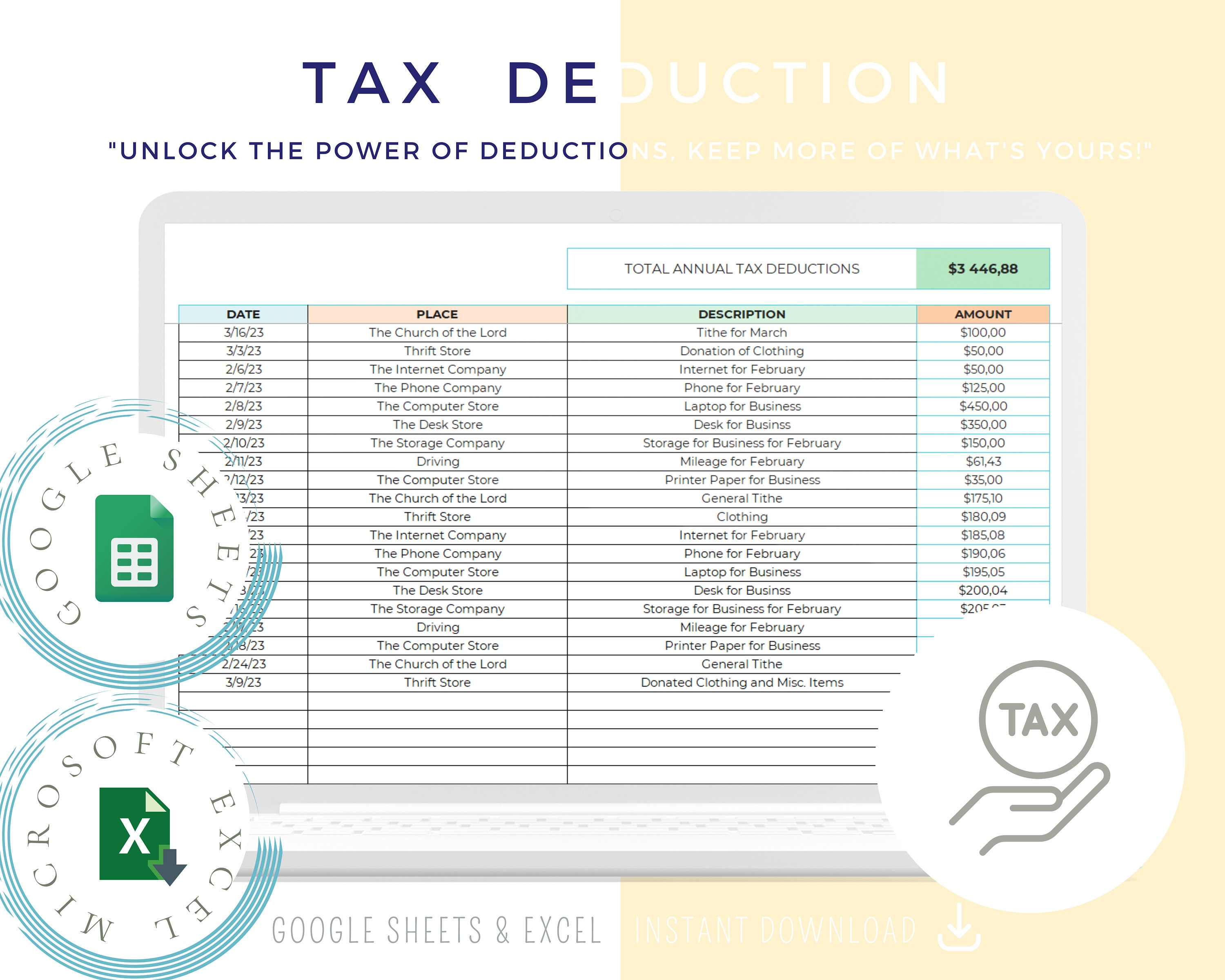 Tax Deduction Tracker Excel Spreadsheet, Editable Tax Deductions List ...