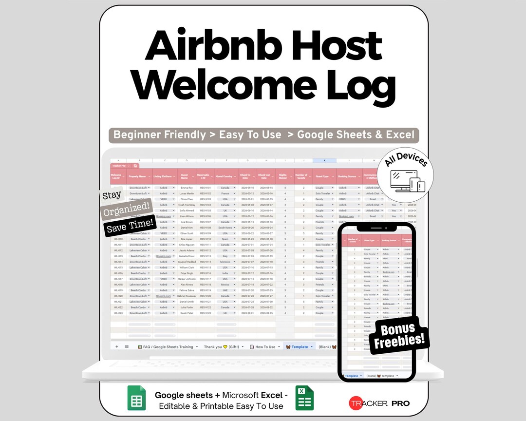 Host Welcome Spreadsheet for Google Sheets and Excel Guest Tracking ...