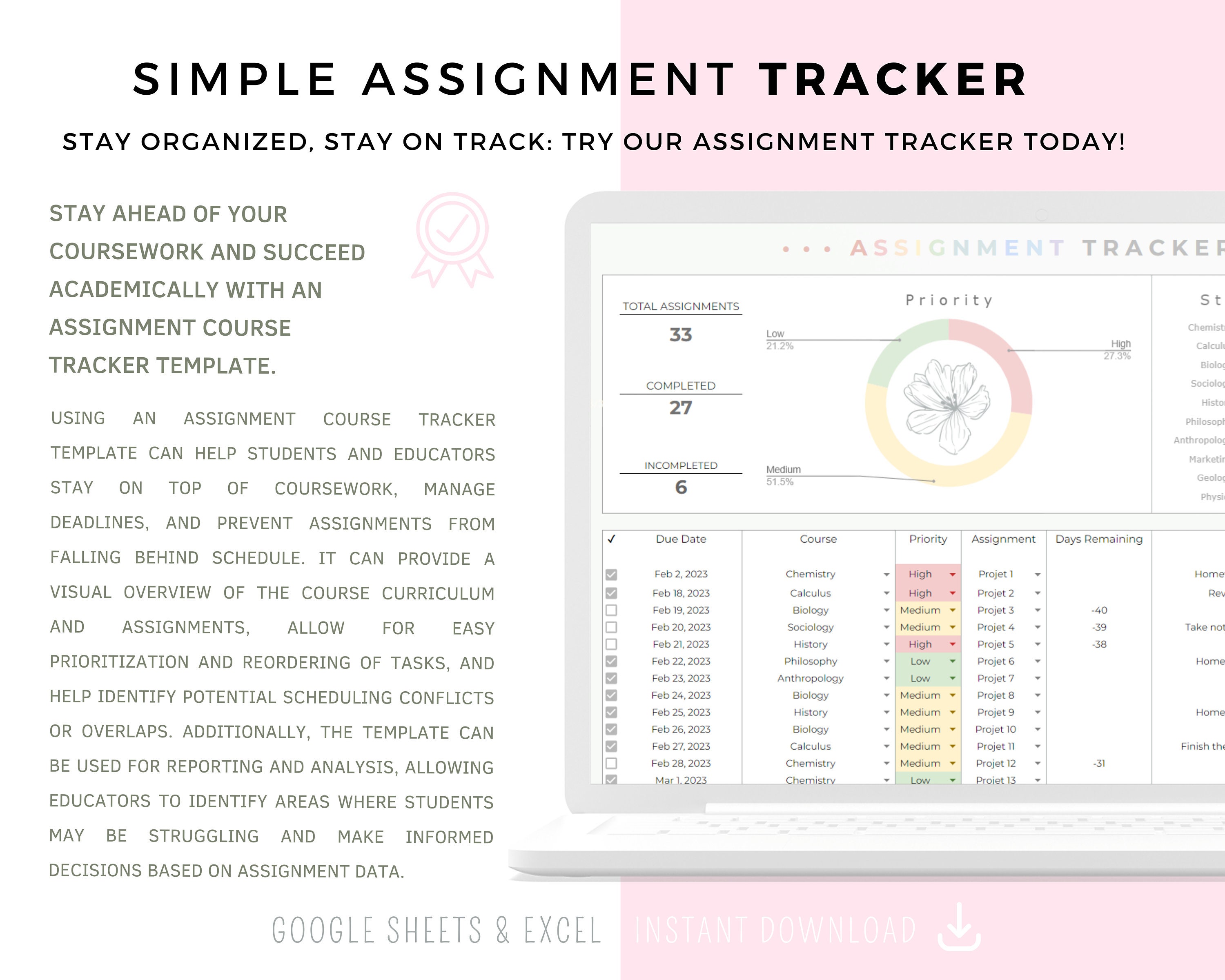 Assignment Tracker Google Sheets and Excel Spreadsheet Template ...