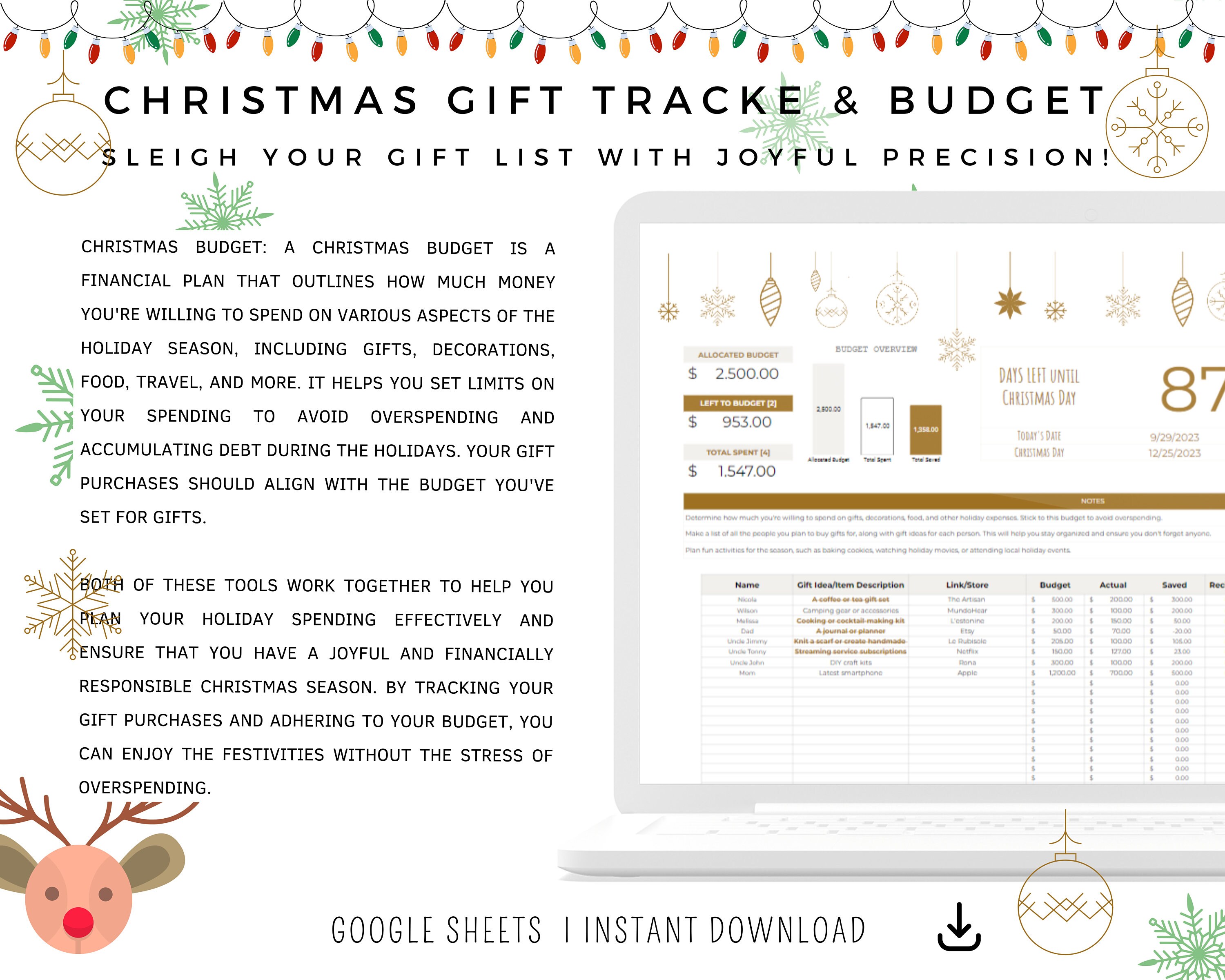Christmas Gifts Tracker Template Christmas Gifts Budget Google Sheet Spreadsheet Christmas ...