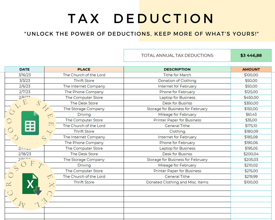 Tax Deduction Tracker Excel Spreadsheet, Editable Tax Deductions List ...