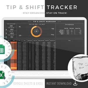 Tip Tracker Excel Spreadsheet, Tips Tracker, Tip Shift Tracker, Server ...