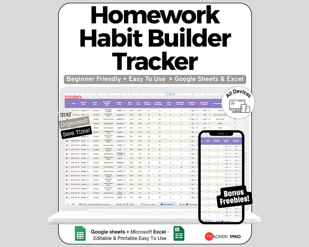 Homework Habit Spreadsheet for Google Sheets and Excel Study Routine ...