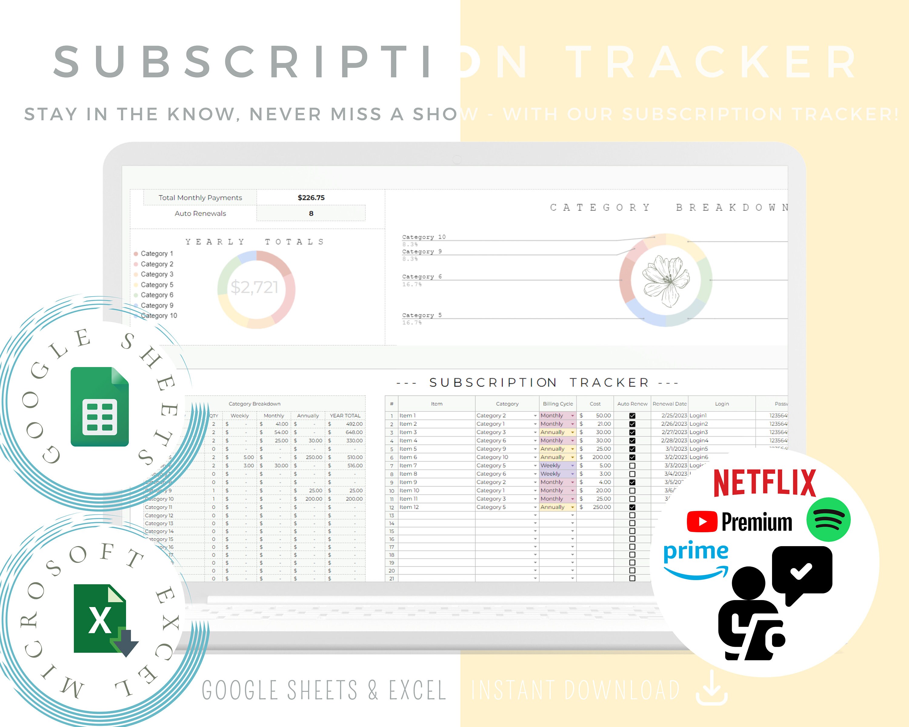 Monthly Subscription Tracker Google Sheets, Monthly Subscription ...