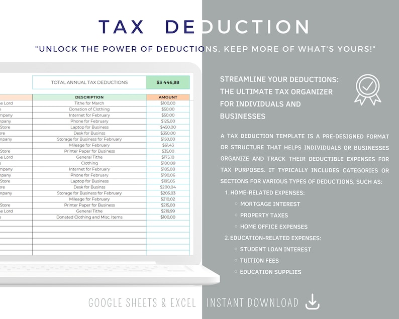 Tax Deduction Tracker Excel Spreadsheet, Editable Tax Deductions List ...