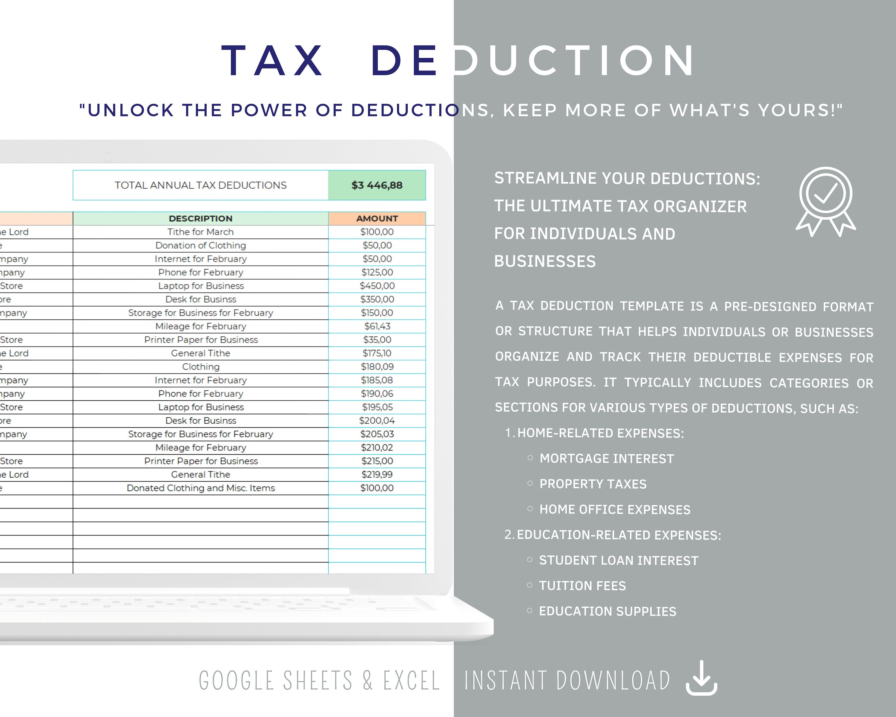 Tax Deduction Tracker Excel Spreadsheet, Editable Tax Deductions List ...