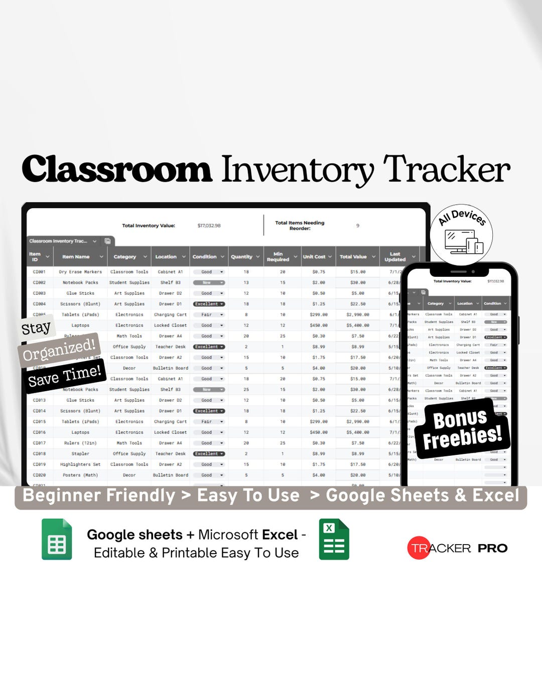Classroom Inventory Tracker Google Excel, School Supply List Organizer ...