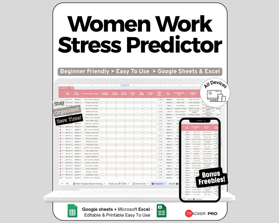 Stress Tracker Spreadsheet for Google Sheets and Excel Burnout ...