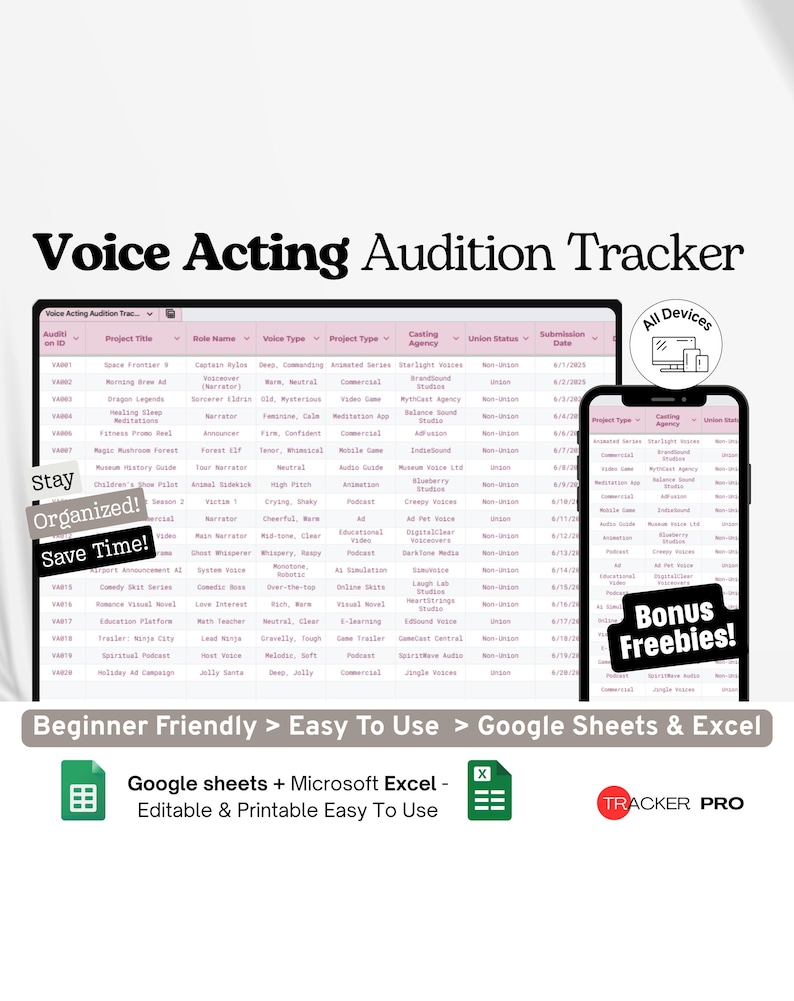 Voice Acting Audition Tracker Google Excel, Casting Call Submission Log ...