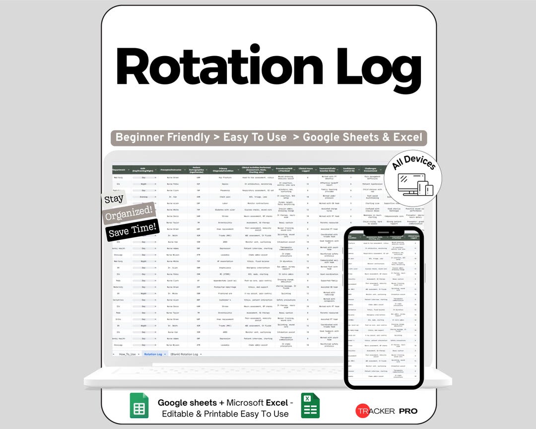 Clinical Rotation Log and Evaluation Excel Google Sheets, Track ...