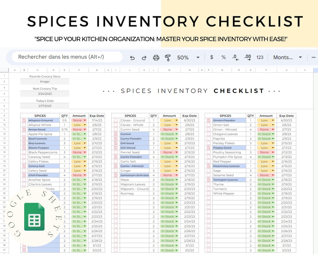 Spices Inventory List Pantry Inventory Spreadsheet Spice - Etsy