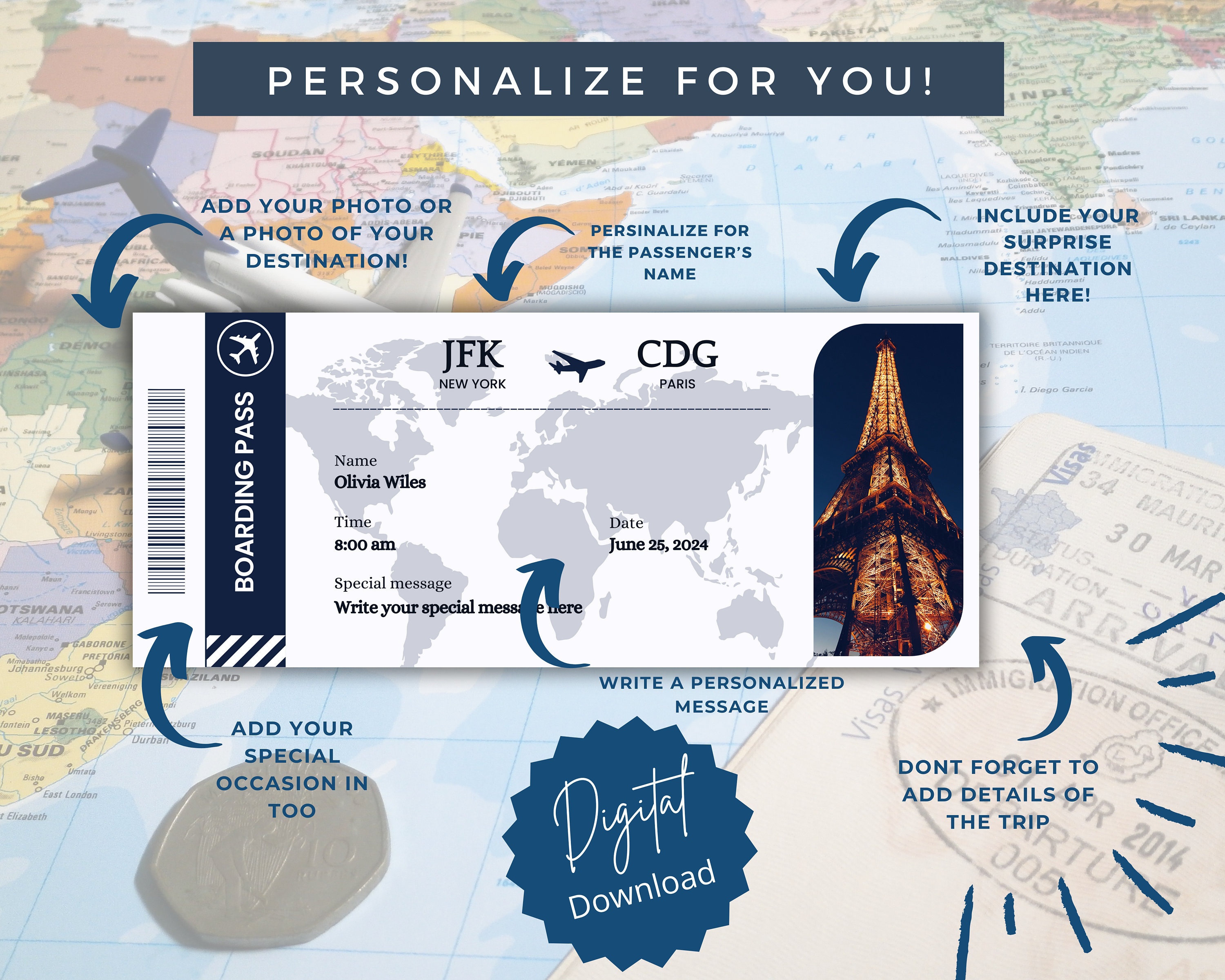 Editable Boarding Pass Template, Canva Boarding Pass, Customizable ...