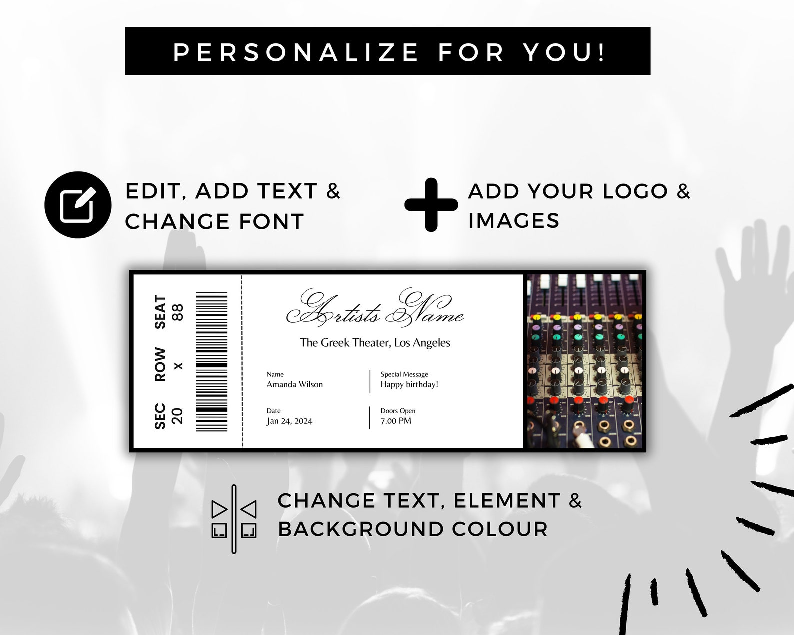 Editable Concert Ticket Template, DIY Event Ticket, Custom Concert ...