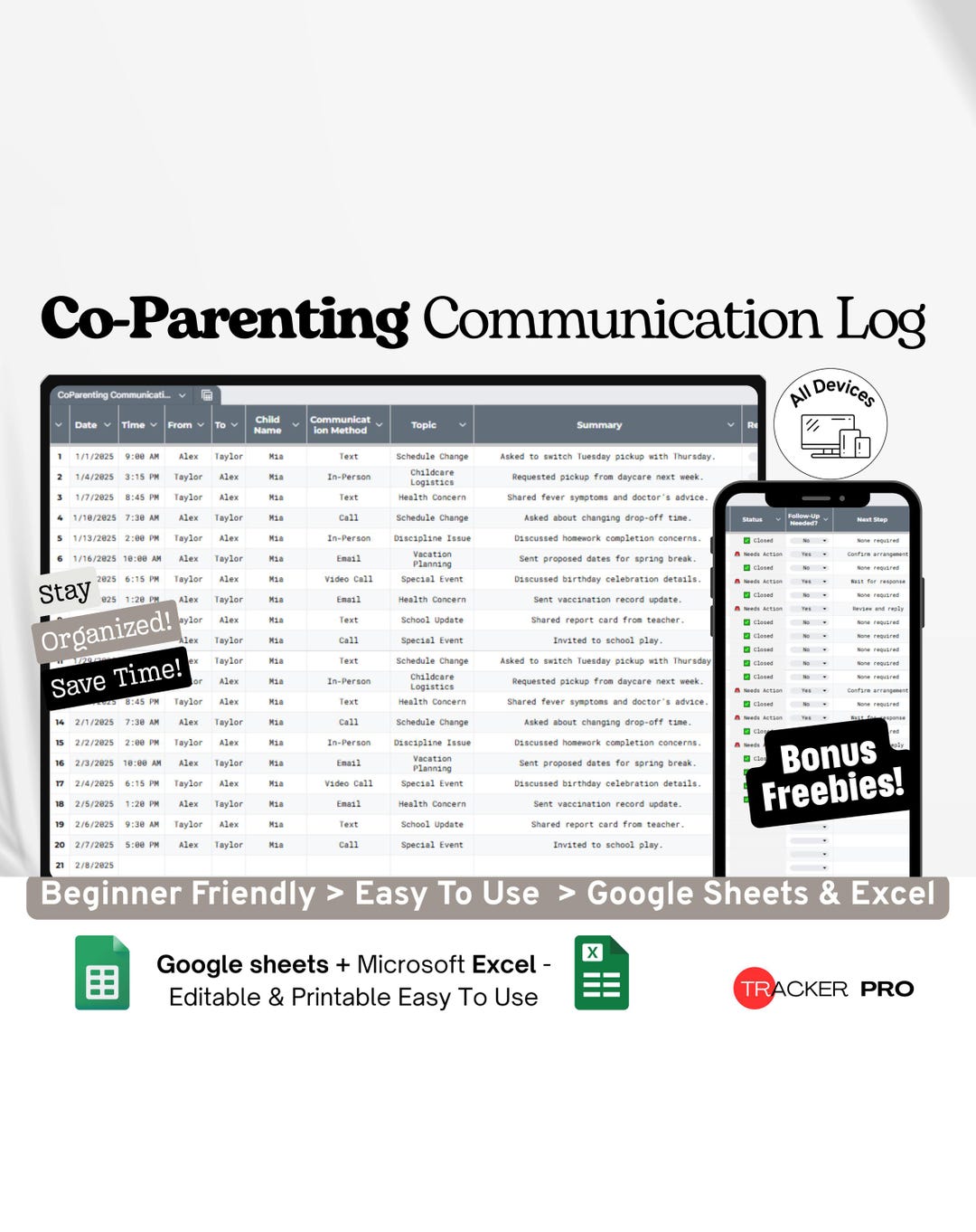 Co-parenting Communication Log Google Sheets, Shared Custody Notes ...