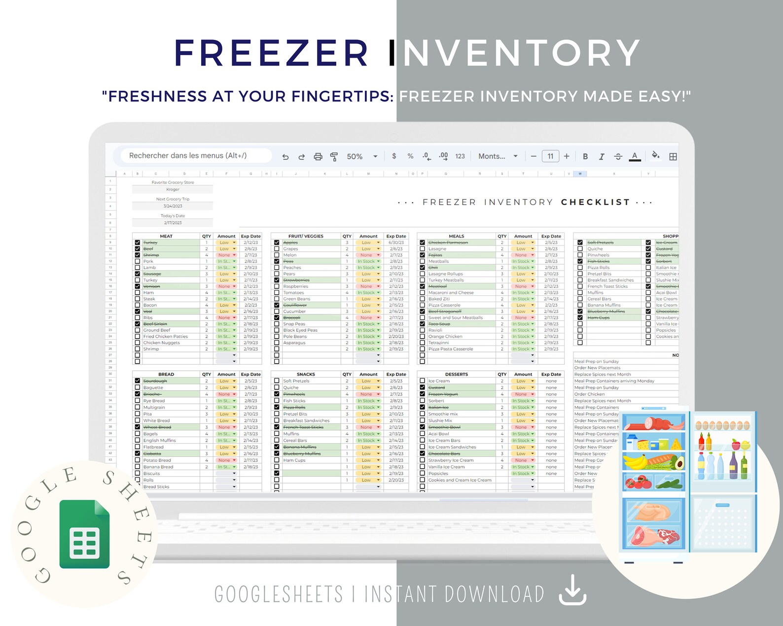 Freezer Inventory Template Freezer Checklist Freezer List - Etsy