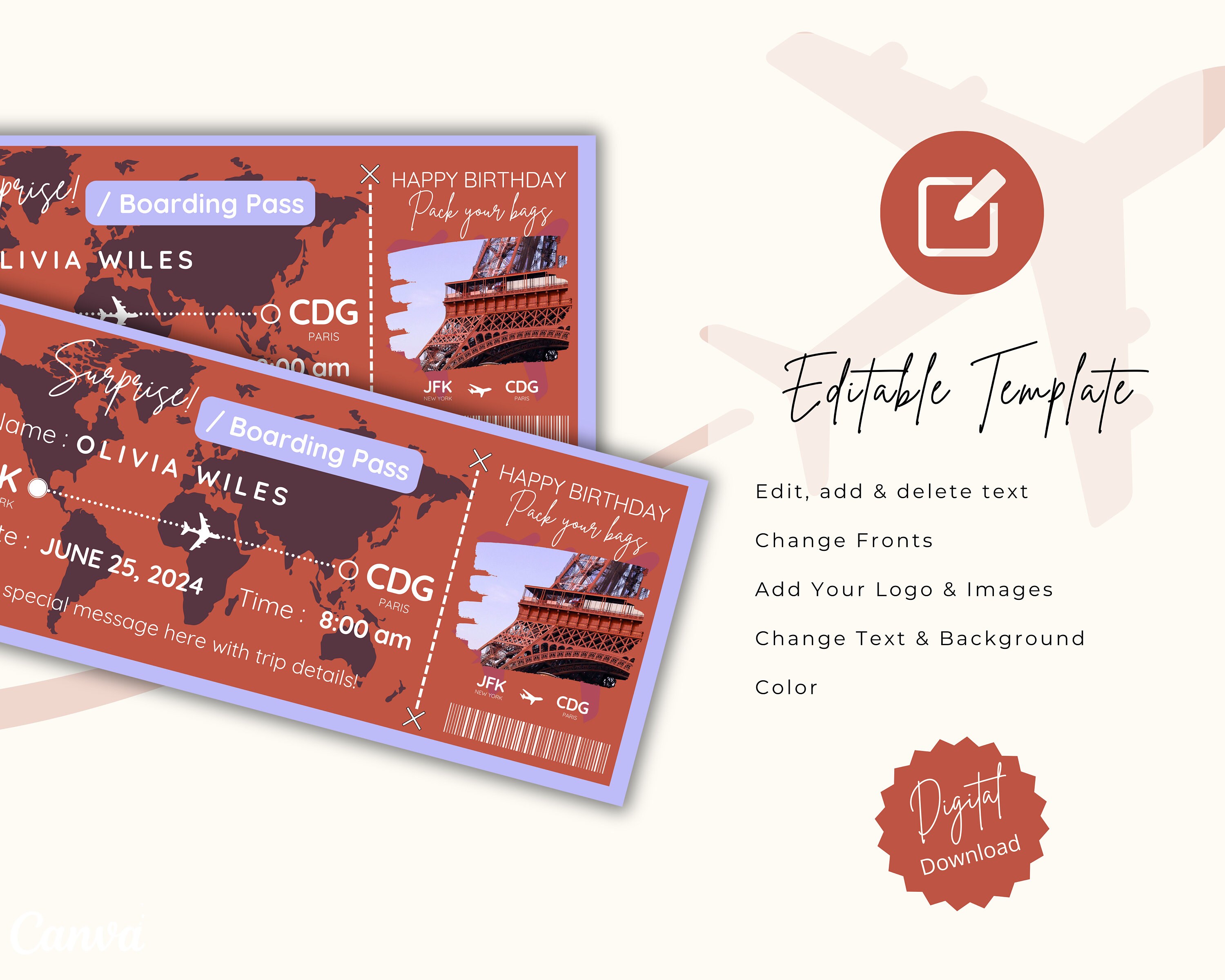 Editable Boarding Pass Surprise Trip Plane Boarding Pass - Etsy