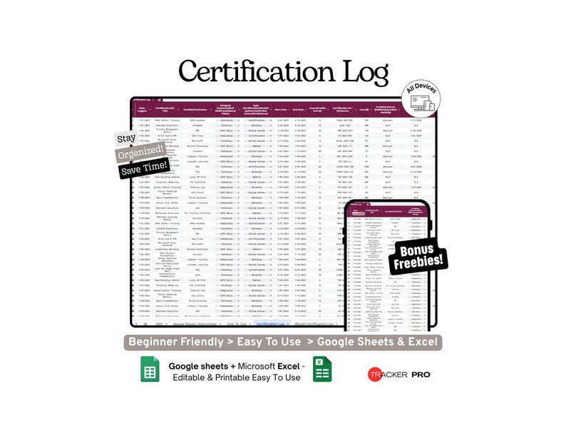 Certification and Continuing Education Log Google Sheets, Track ...