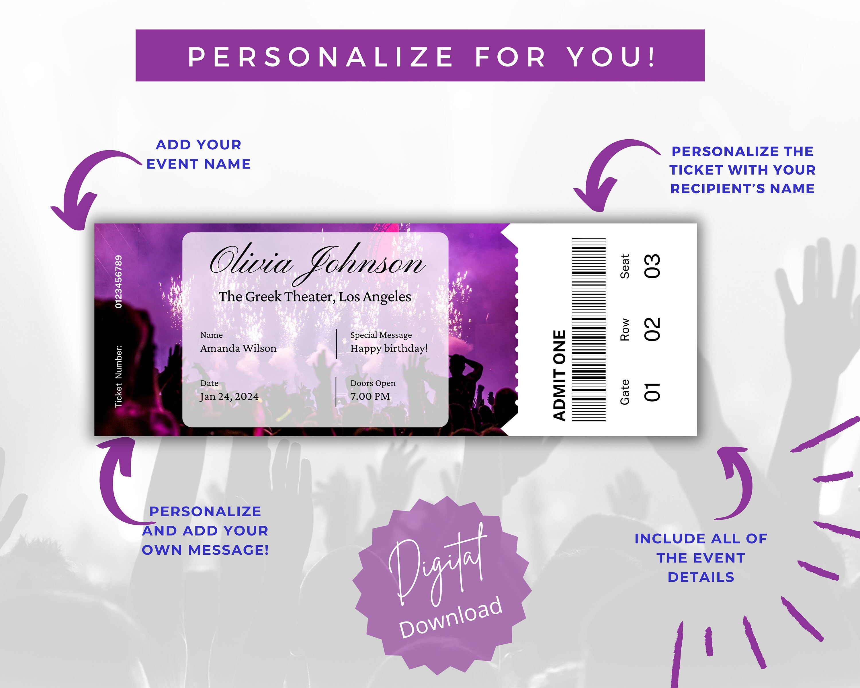 Editable Concert Ticket Template, DIY Event Ticket, Custom Concert Ticket Gift, Surprise ...