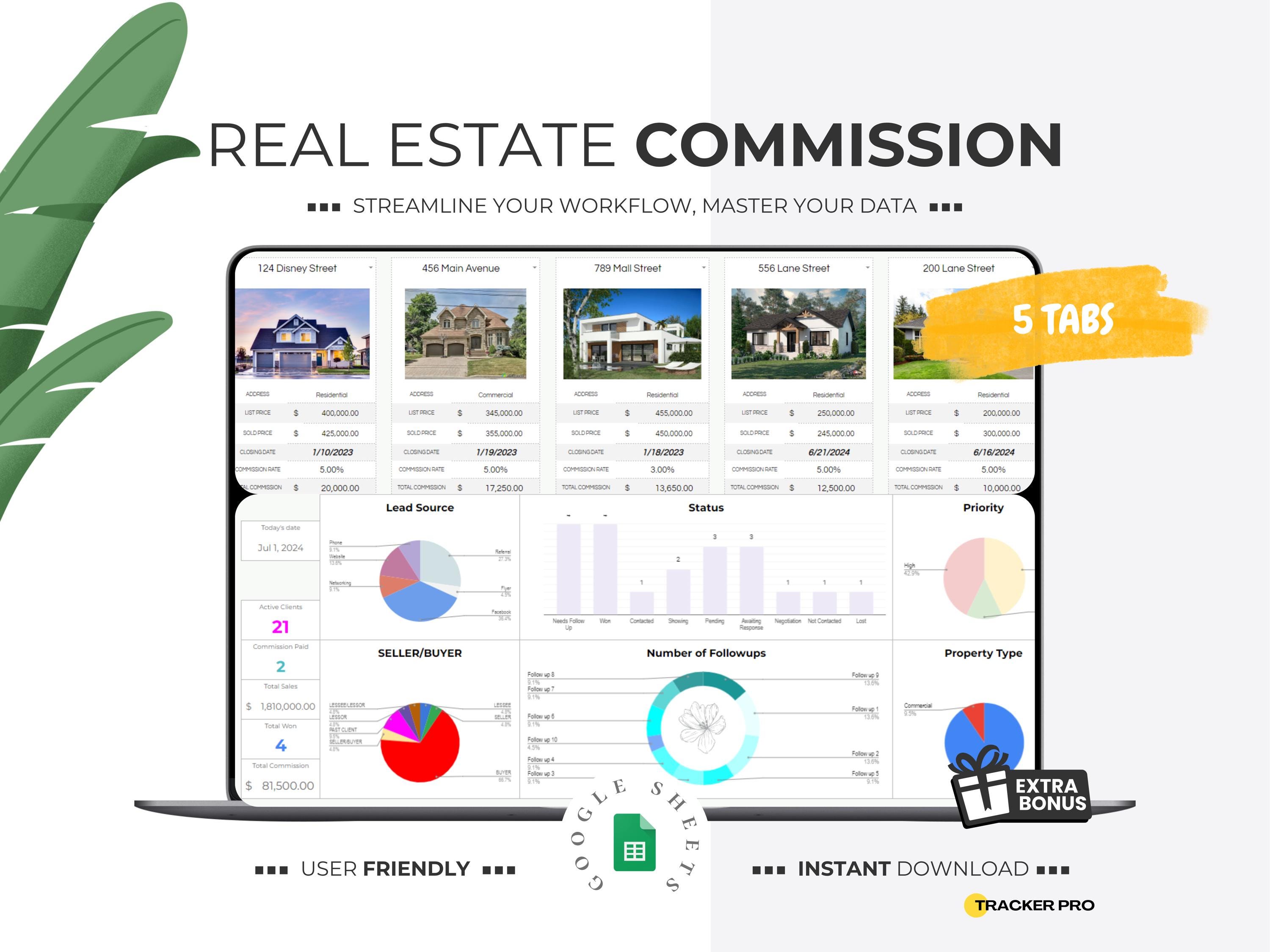 Real Estate Commission Tracker Google Sheets, Realtor Templates, Real ...