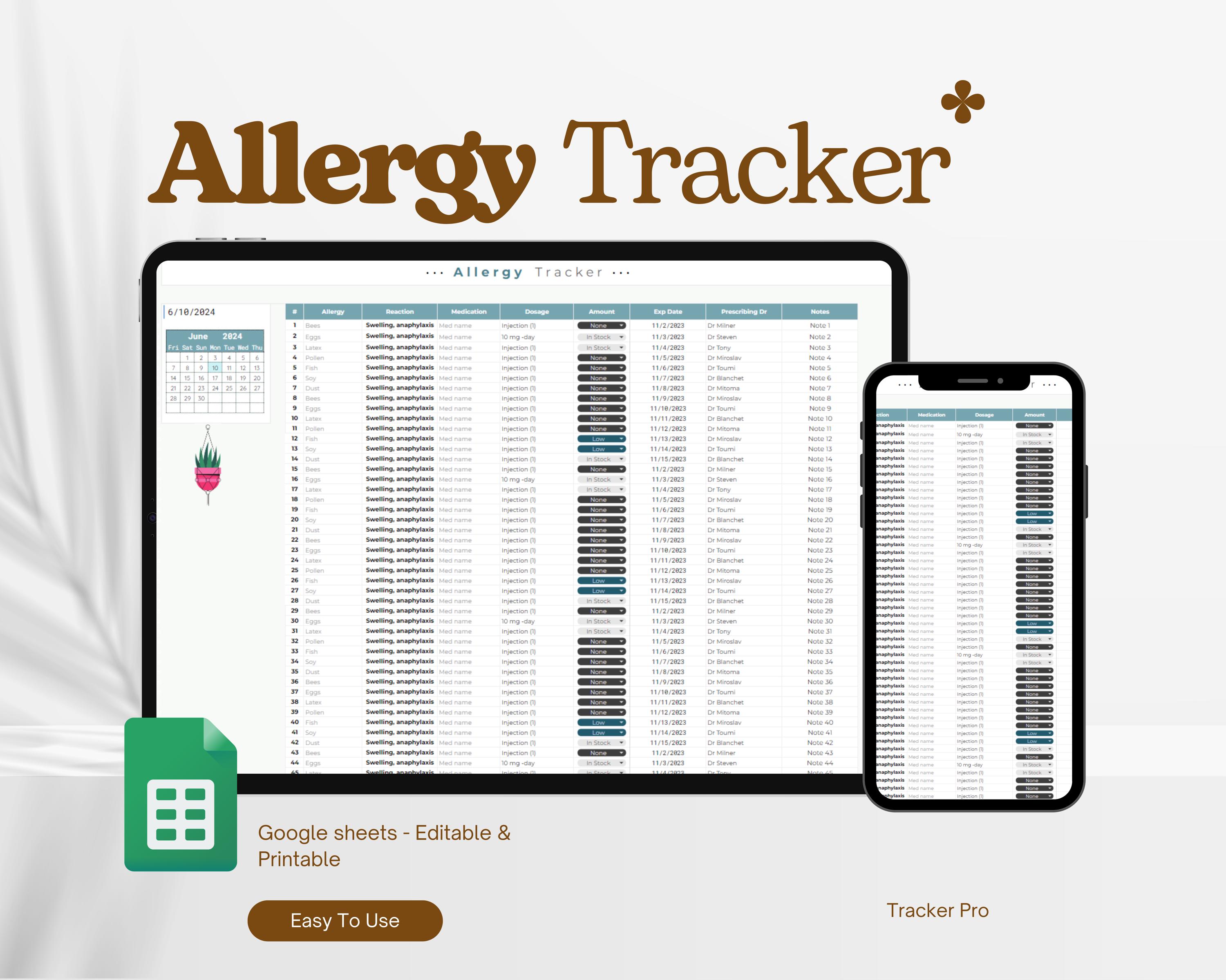 Allergy Tracker Template Excel Spreadsheet, Allergy List Google Sheets ...