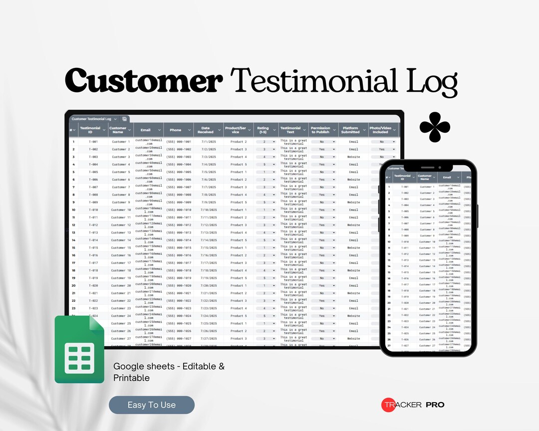 Customer Testimonial Log Google Sheets, Review Collection Spreadsheet ...